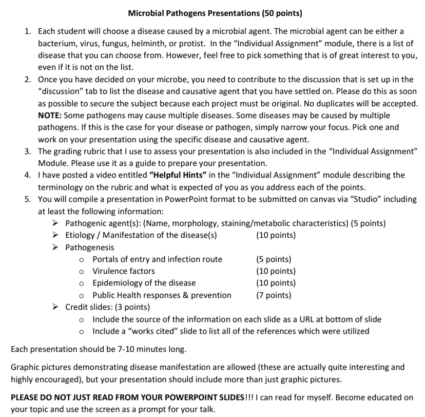 Microbial Pathogens Presentations (50 Points) 1. Each Student Will ...