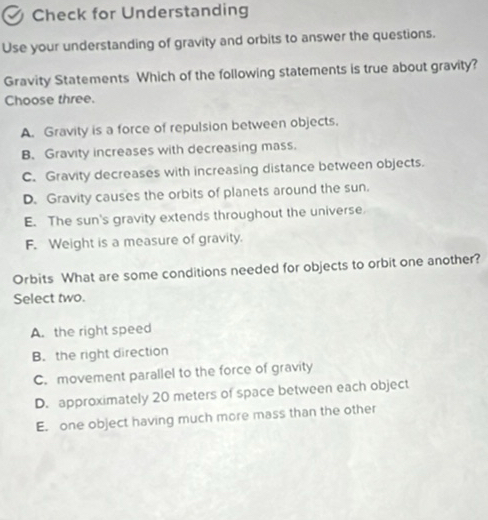 Check for Understanding Use Your Understanding of Gravity and Orbits to ...