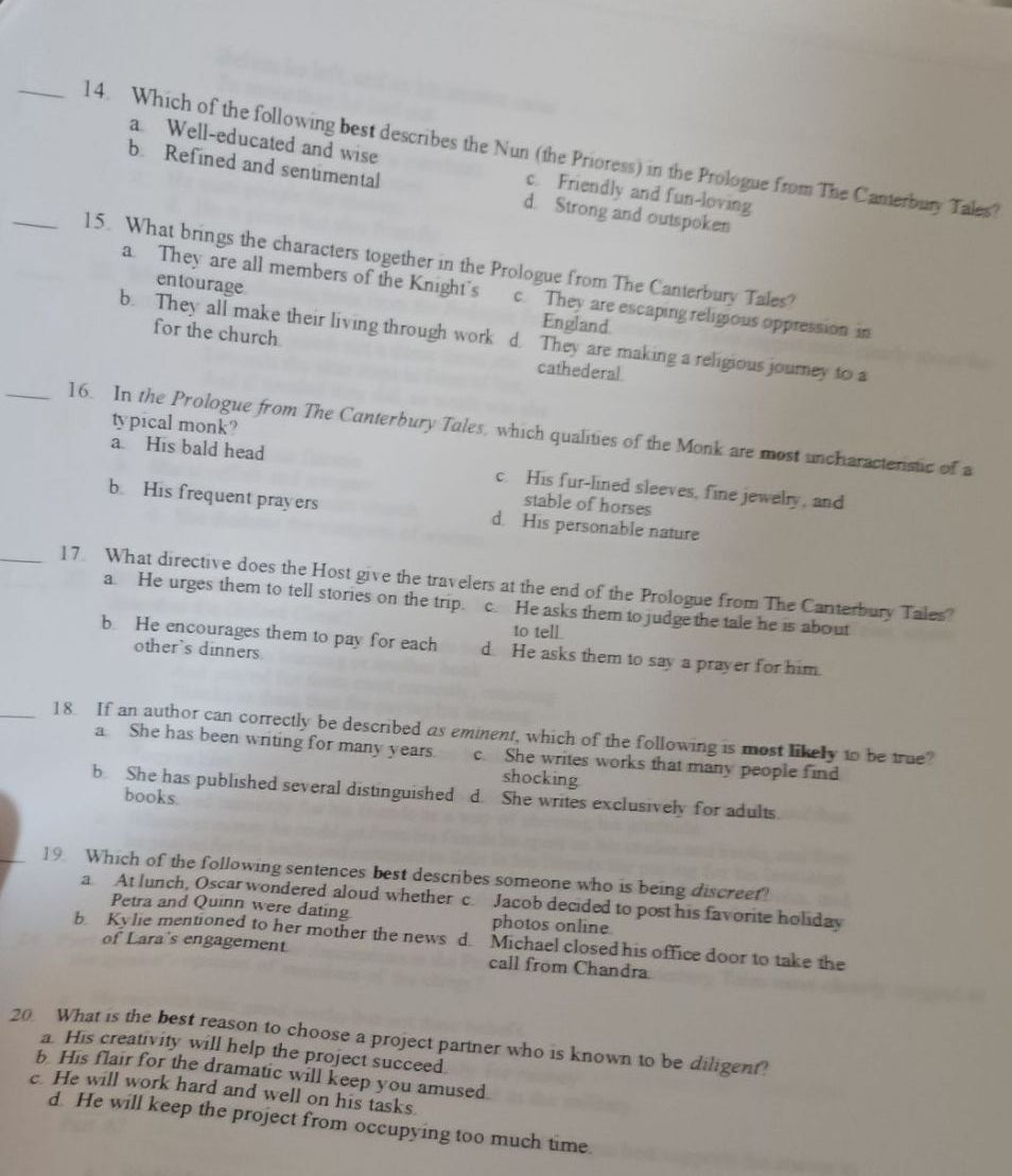 __ 14. Which of the Following Best Describes the Nun (the Prioress) in ...