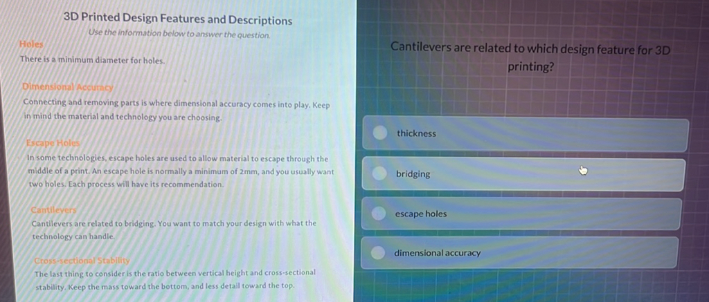 3D Printed Design Features and Descriptions Use the Information Below ...