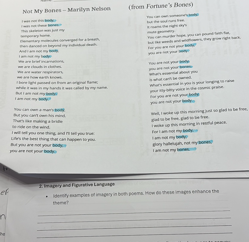 Not My Bones-Marilyn Nelson I Was Not This Body. I Was Not These Bones ...