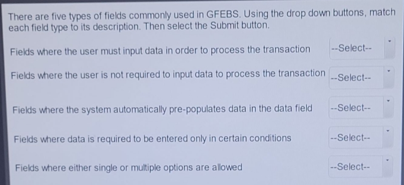 There Are Five Types of Fields Commonly Used in GFEBS. Using the Drop Down Buttons, Match Each ...