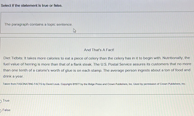 Select If the Statement Is True or False. The Paragraph Contains a ...