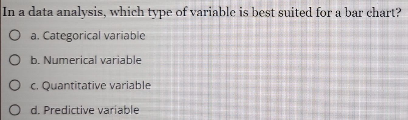 In a Data Analysis Which Type of Variable Is Best Suited for a Bar Chart? a . Categorica ...