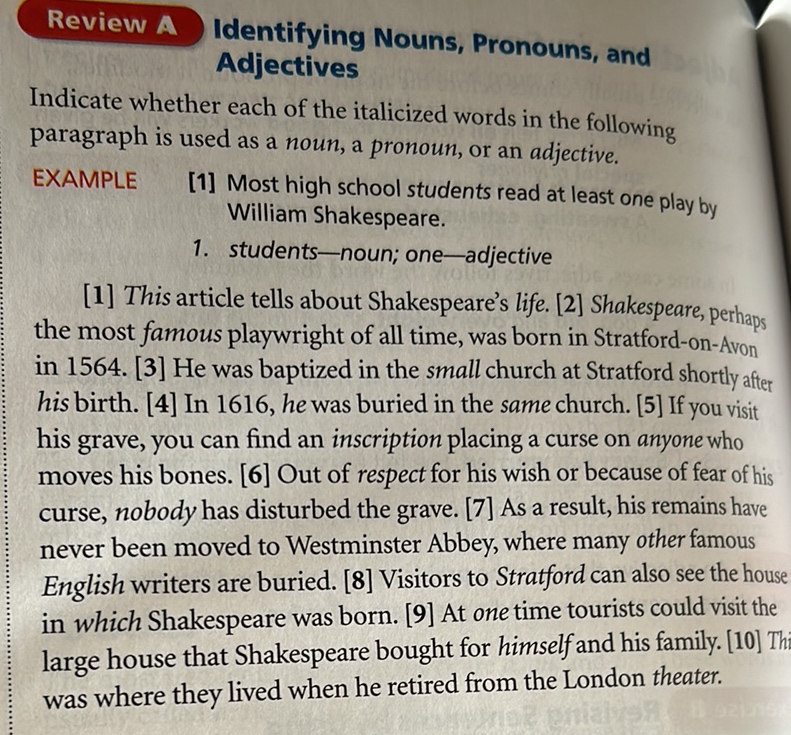 Identifying Nouns, Pronouns and Adjectives Indicate Whether Each of the ...
