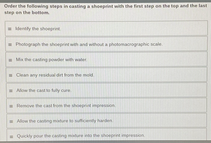 Order the Following Steps in Casting a Shoeprint with the First Step on ...