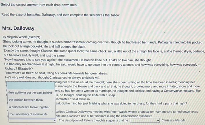 Select Correct Answer Drop-down Menu. Read Excerpt Mrs. Dalloway ...