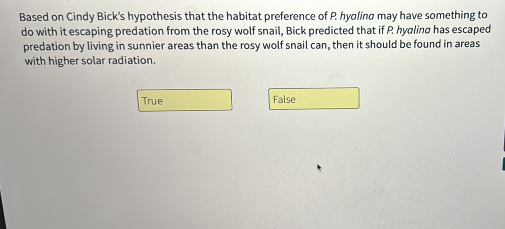 Based on Cindy Bick's Hypothesis That the Habitat Preference of P ...