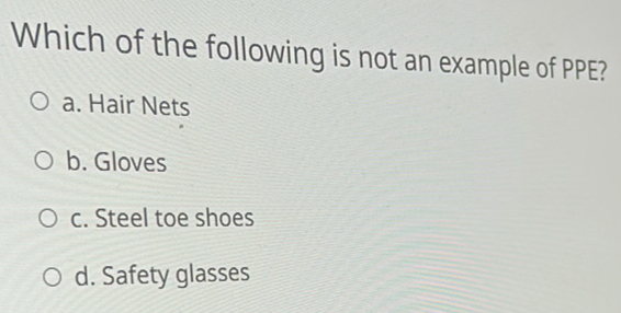 Which of the Following Is Not an Example of PPE? A. Hair Nets B. Gloves ...