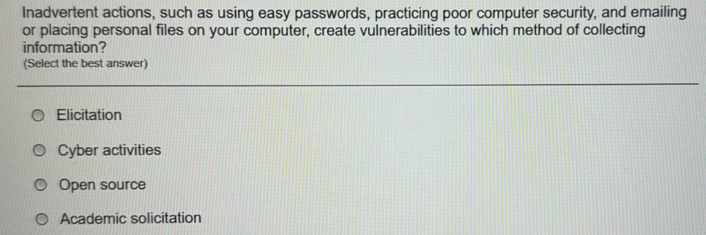 Inadvertent Actions , Such as Using Easy Passwords Practicing Poor ...