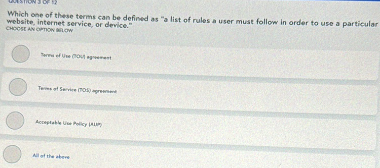 Which One of These Terms Can Be Defined as "a List of Rules User Must ...