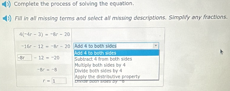 Complete the Process of Solving the Equation. Fill Missing Terms Select ...