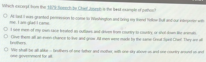 Which Excerpt 1879 Speech Chief Joseph Best Example Pathos? Last I Was ...