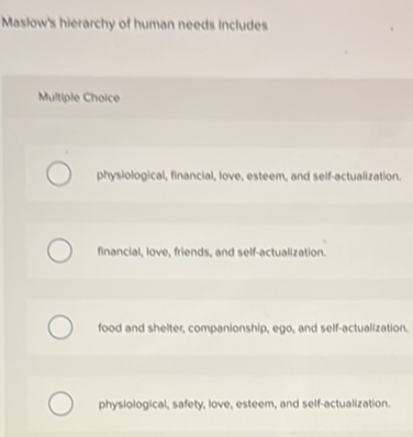Maslow's Hierarchy of Human Needs Includes Multiple Choice Physiological, Financial, Love ...