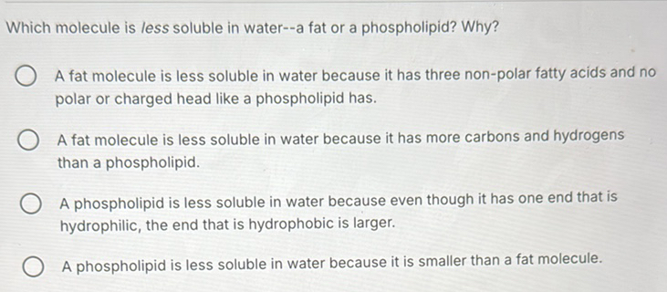Which Molecule Is Less Soluble in Water-a Fat or Phospholipid? Why? Fat ...