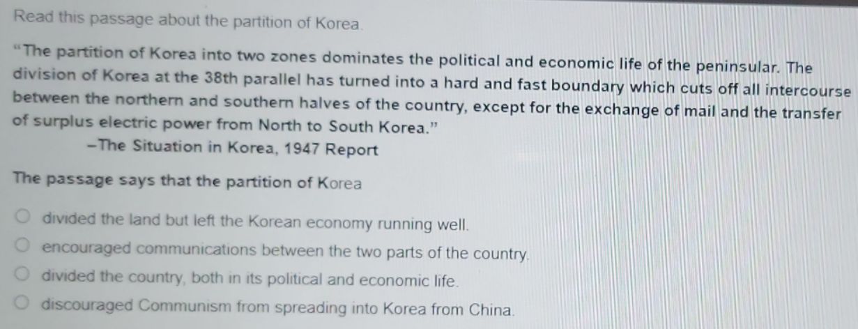 Read This Passage the Partition of Korea "The Partition of Korea Two ...