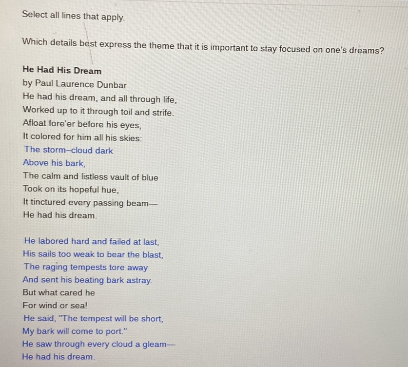 Select Lines That Apply. Which Details Best Express the Theme That It ...