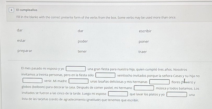 El Cumpleaños Fill the Blanks with the Correct Preterite Form the Verbs ...