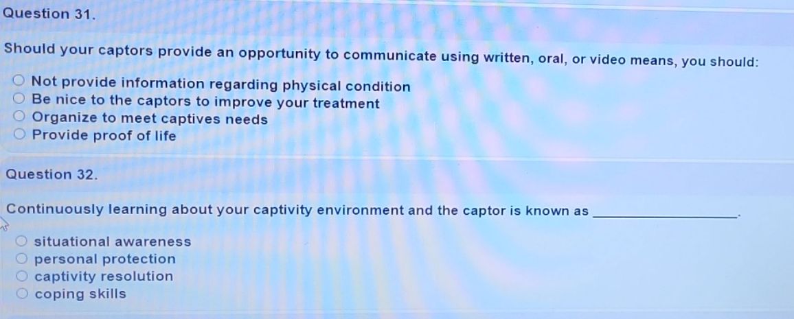 Question 31. Should Your Captors Provide an Opportunity to Communicate ...