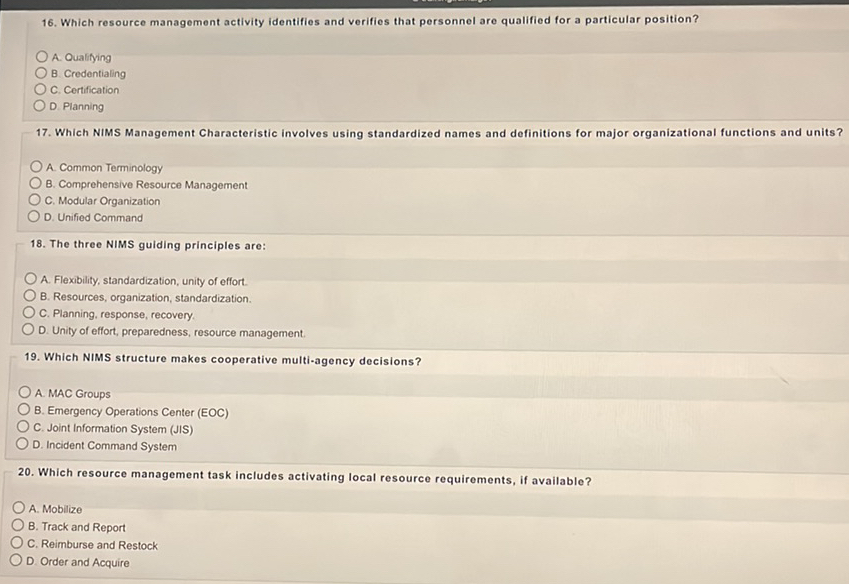 16. Which Resource Management Activity Identifies and Verifies That ...