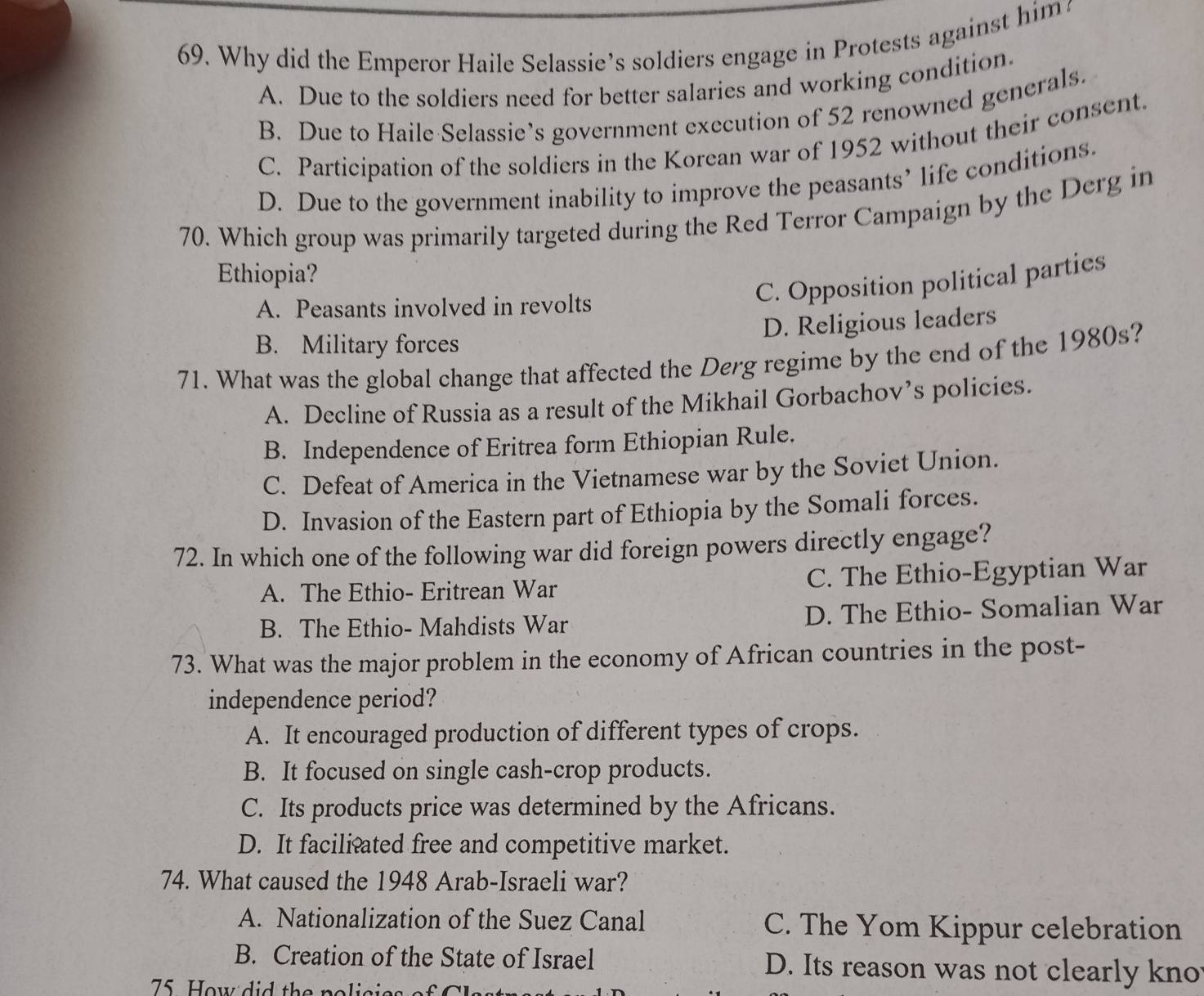 69. Emperor Haile Selassie's Soldiers Engage Protests Him? A. Due ...