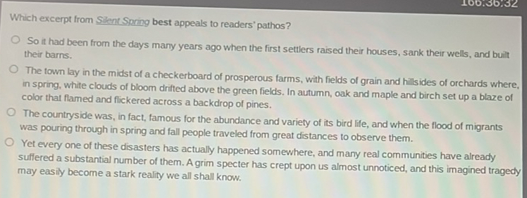 Which Excerpt Silent Spring Best Appeals to Readers Pathos? So It the ...