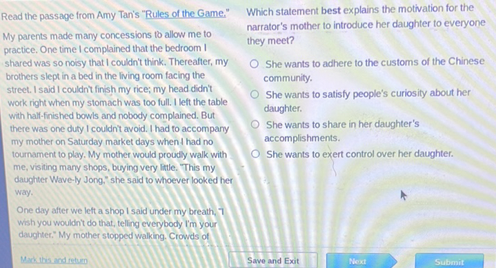 Read the Passage Amy Tan's "Rules of the Game," Parents Made Many ...
