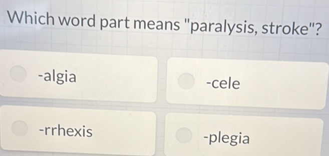 Which Word Part Means "paralysis , Stroke"? -algia -cele -rrhexis ...