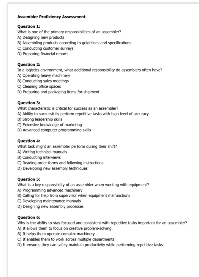 Assembler Proficiency Assessment Question 1: What Is One of the Primary ...