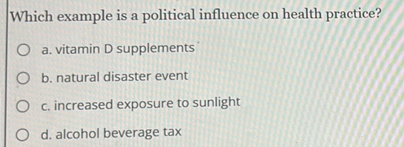 Which Example Is a Political Influence on Health Practice? A. Vitamin D ...