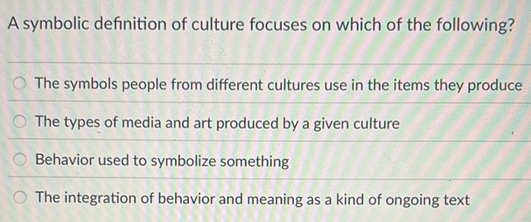 A Symbolic Definition of Culture Focuses on Which of the Following? The ...