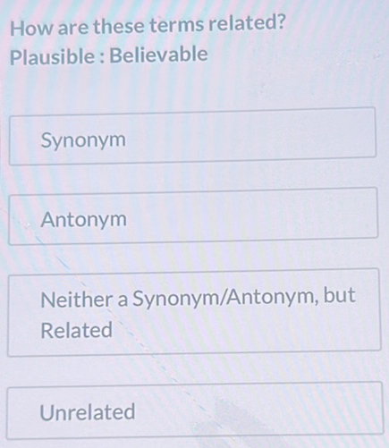 How Are These Terms Related? Plausible: Believable Synonym Antonym ...