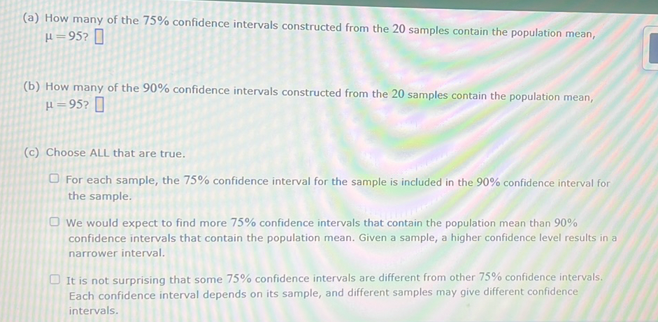 (a) Many 75% Confidence Intervals Constructed 20 Samples Contain ...