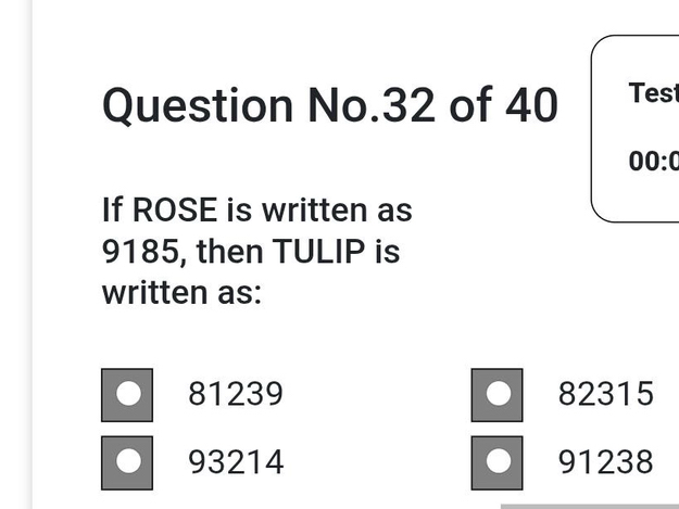 Question No.32 of 40 Test 00:0 If ROSE Is Written as 9185, Then TULIP ...