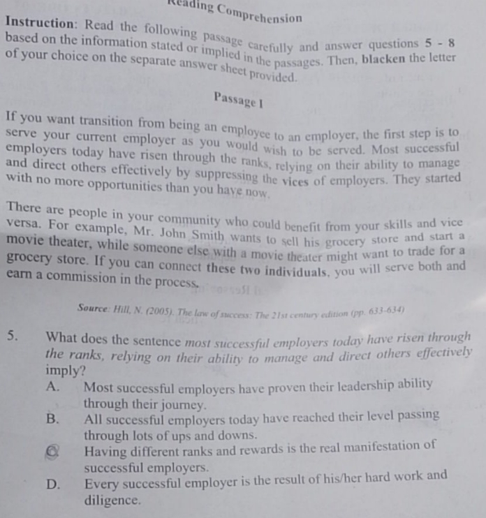 Reading Comprehension of Your Choice on the Separate Answer Sheet the ...