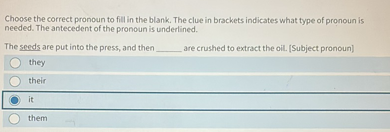 Choose the Correct Pronoun to Fill the Blank.The Clue Brackets ...