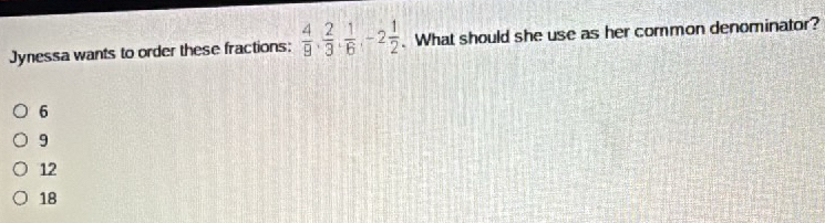 Jynessa Wants to Order Fractions: (4)/(9),(2)/(3),(1)/(6),-2(1)/(2 ...