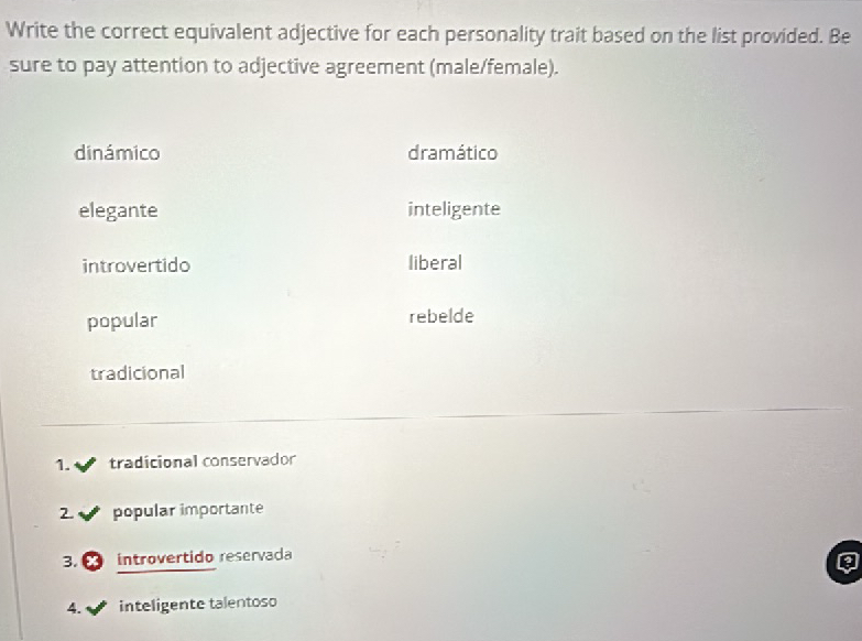 Write the Correct Equivalent Adjective for Each Personality Trait Based ...