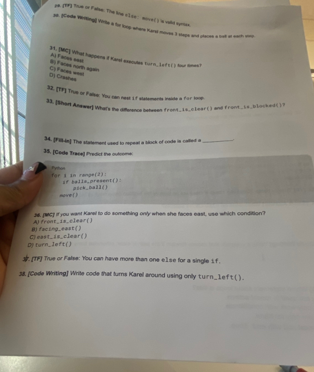 30. [Code Writingl Write a for Loop Where Karel Moves 3 Steps and ...