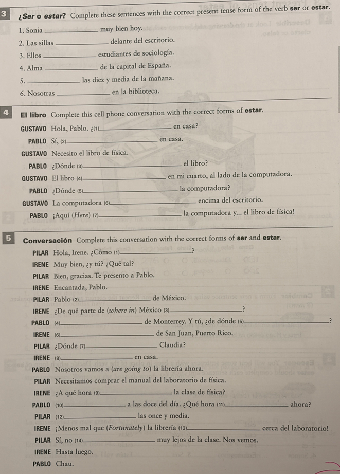 ¿Ser O Estar? Complete Sentences with Correct Present Tense Form Verb ...